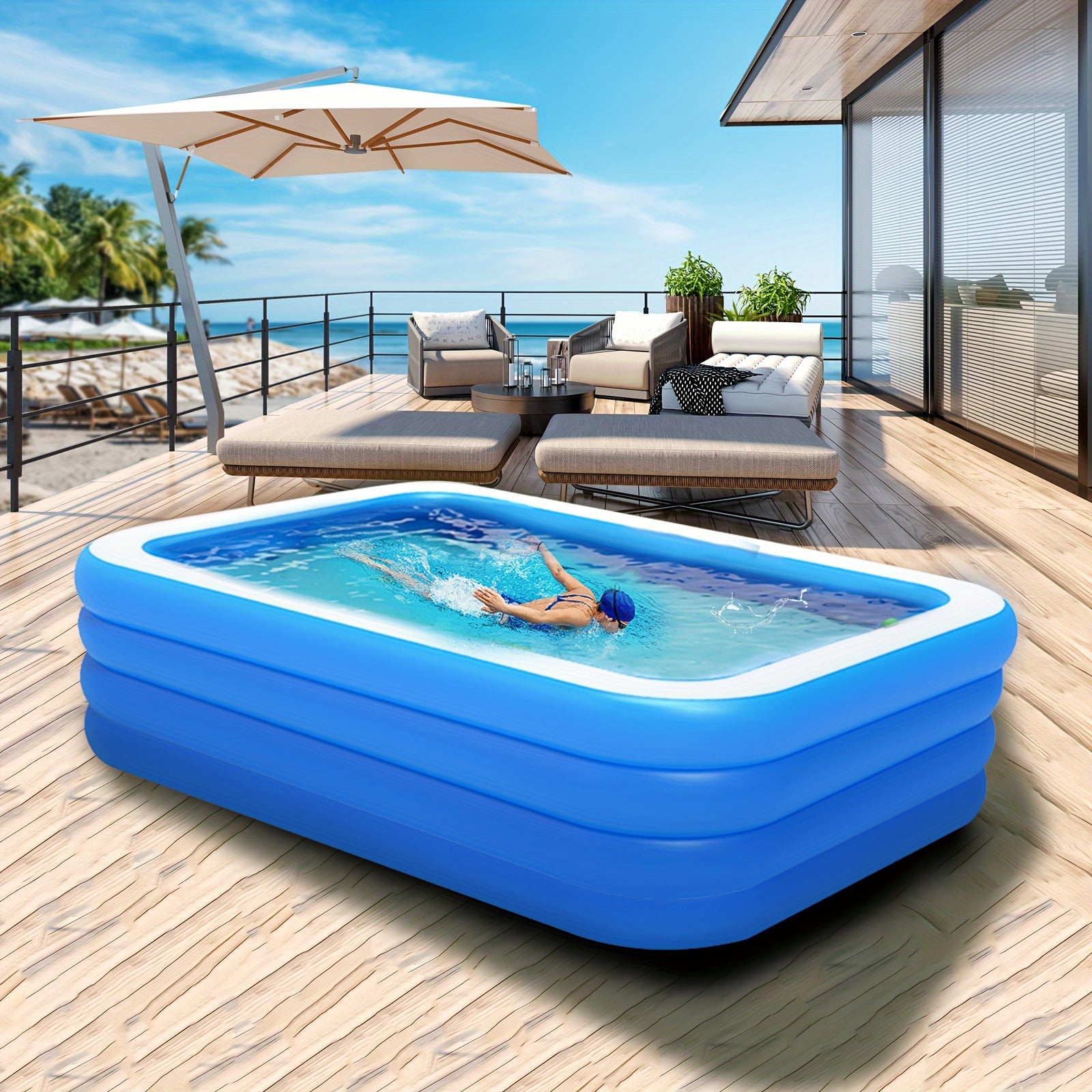 1 Large Family-Size Inflatable Swimming Pool - Durable PVC, Blue ...