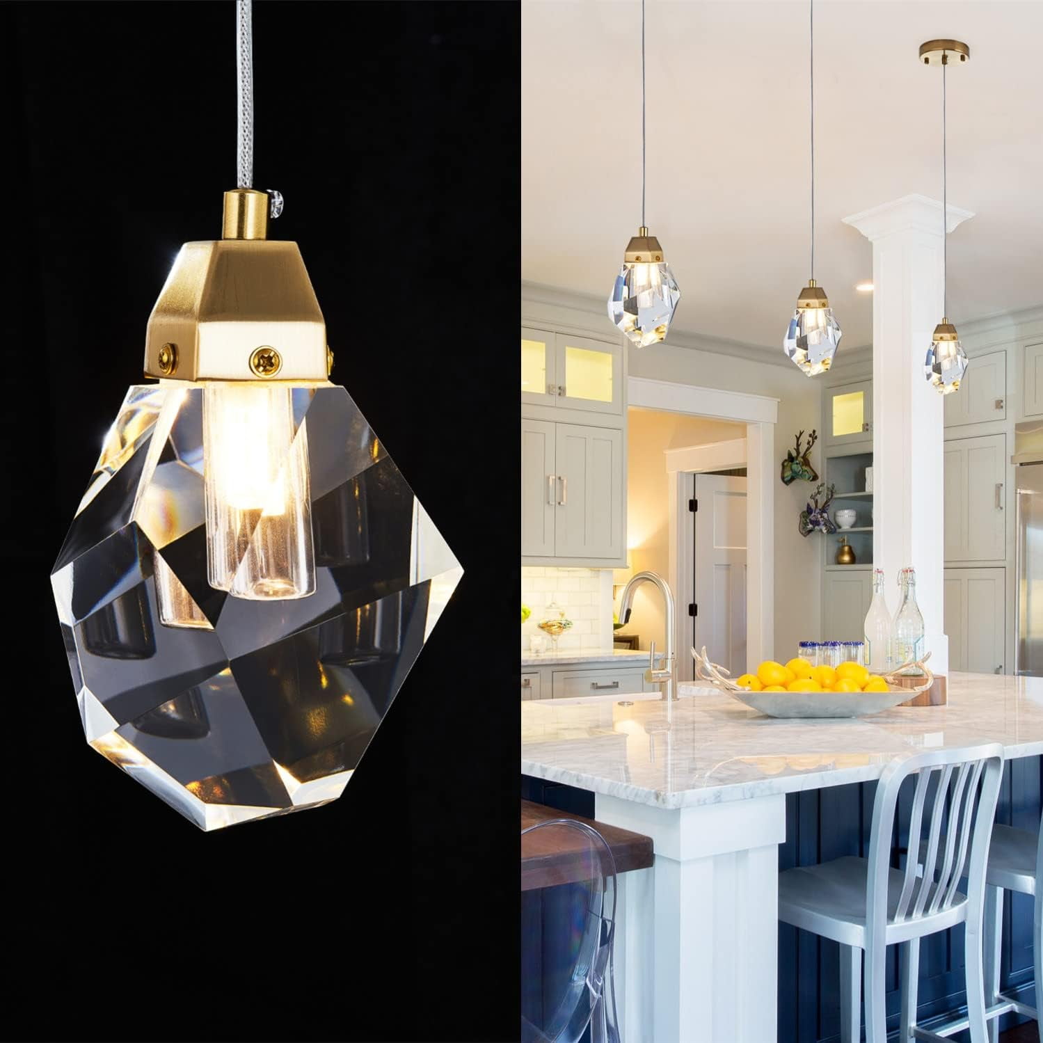 1-Light Diamond Crystal Pendant Light, Mini Ceiling Hanging Light with ...