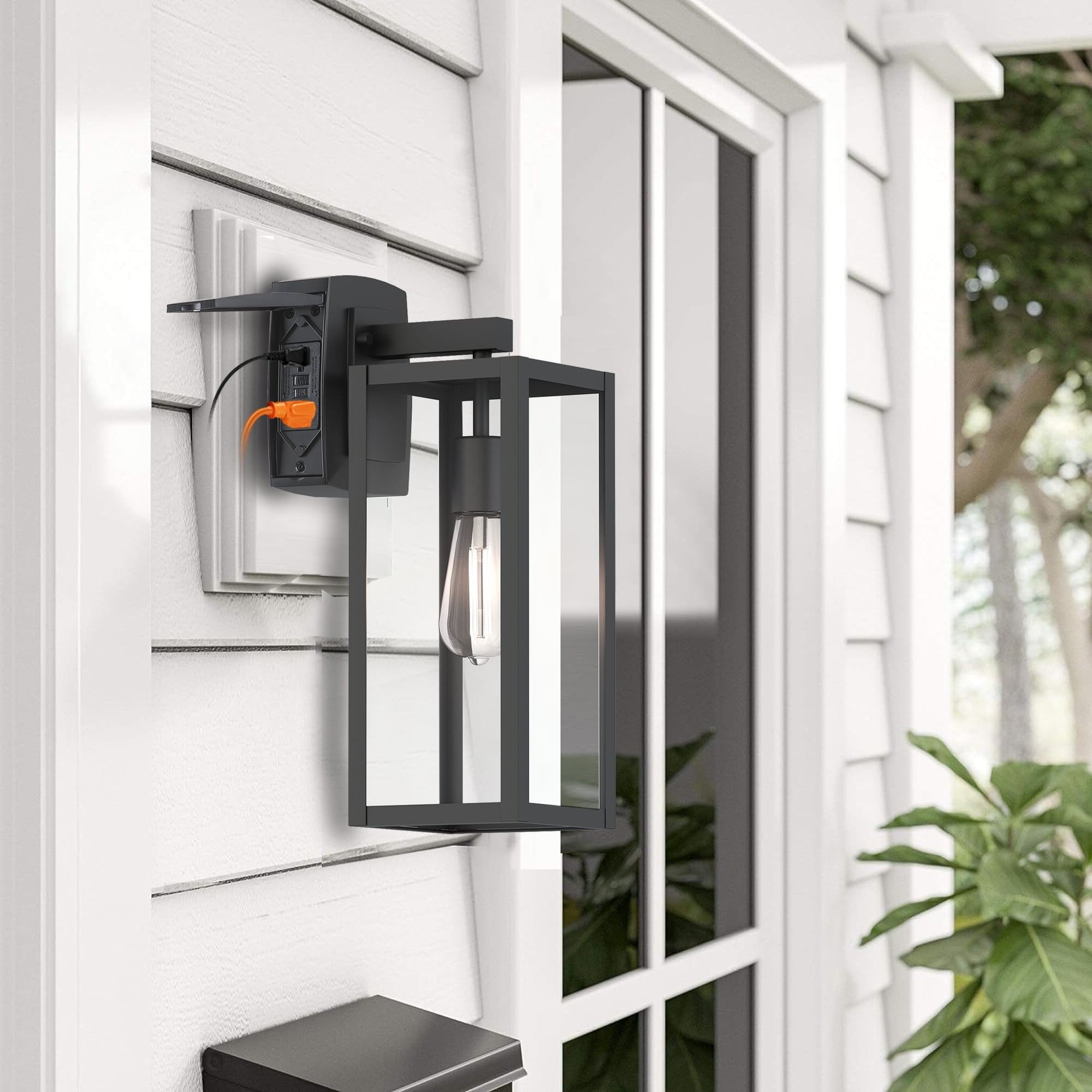 1-Light Matte Black Outdoor Wall Lantern Sconce with GFCI Outlet 17IN ...