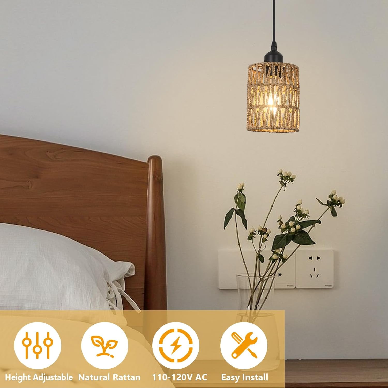 1-Light Rattan Pendant Lights, Boho Farmhouse Pendant Lighting with 4.7 ...