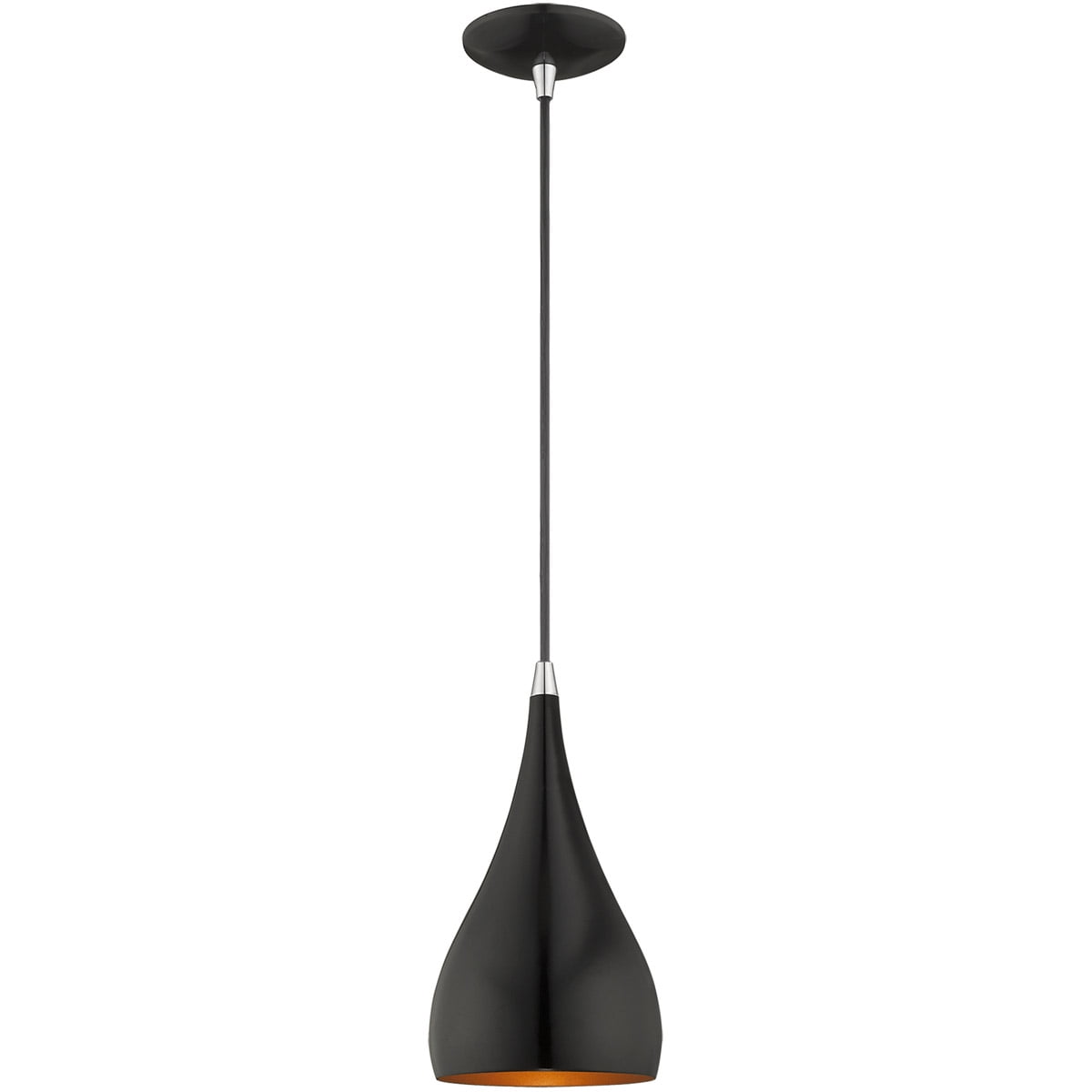 1 Light Shiny Black Mini Pendant with Shiny Black Metal Shade with Gold ...