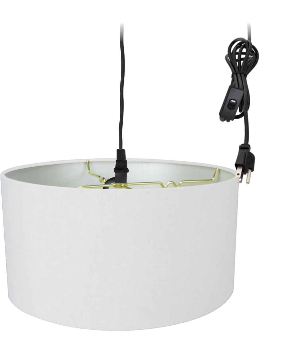 1 Light Swag Plug-In Pendant 16"w White Linen Drum Shade, 17' Black ...