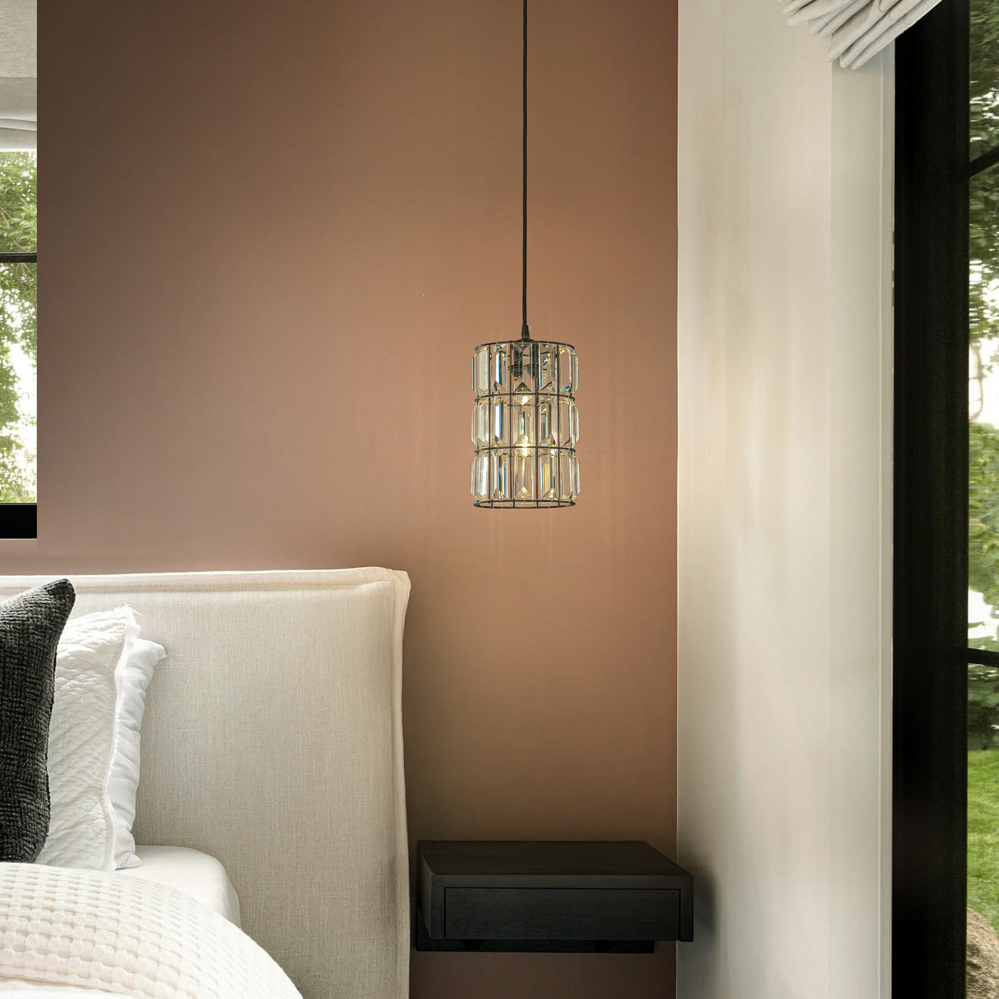 1 Light W7" Modern Cylinder Crystal Pendant Light Mini Matte Black Mid-Century Modern Crystal ...