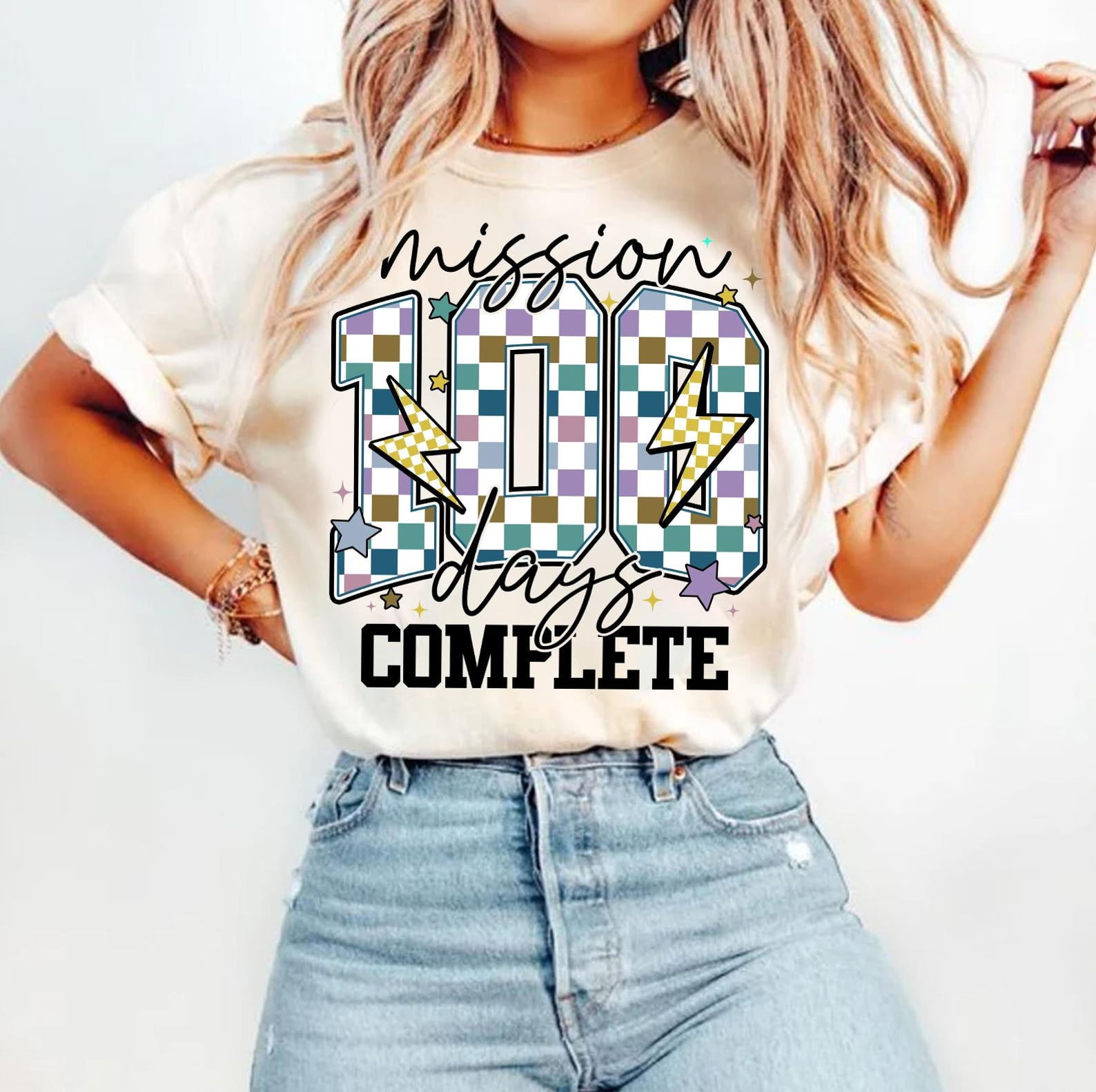 1. Mission 100 Days Complete T-Shirt, Checkered 100 Days of School ...
