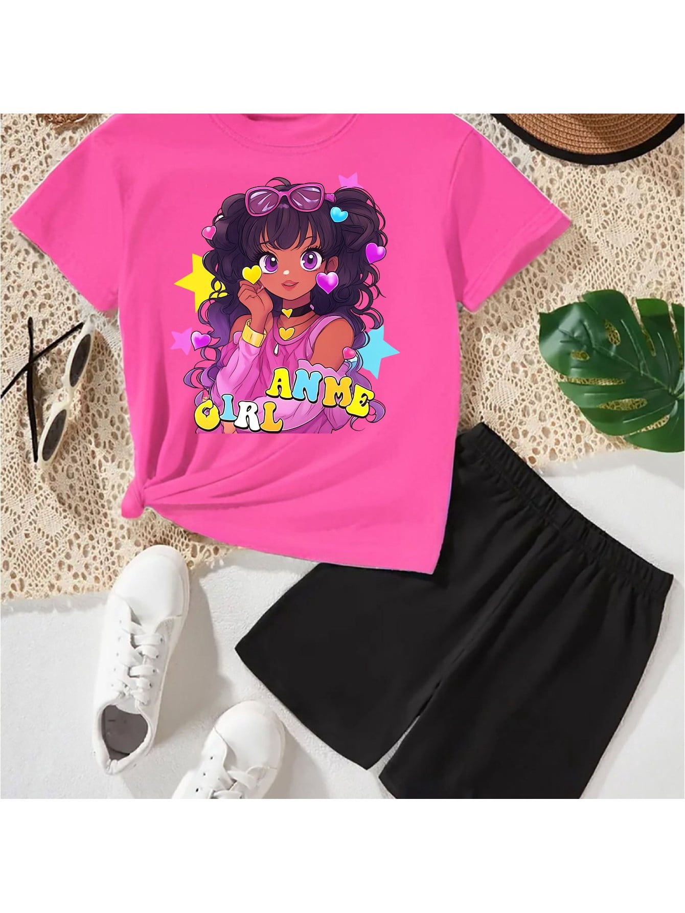 1 New Summer Girls anime Girl With Hearts and Stars Short Sleeve 100% ...