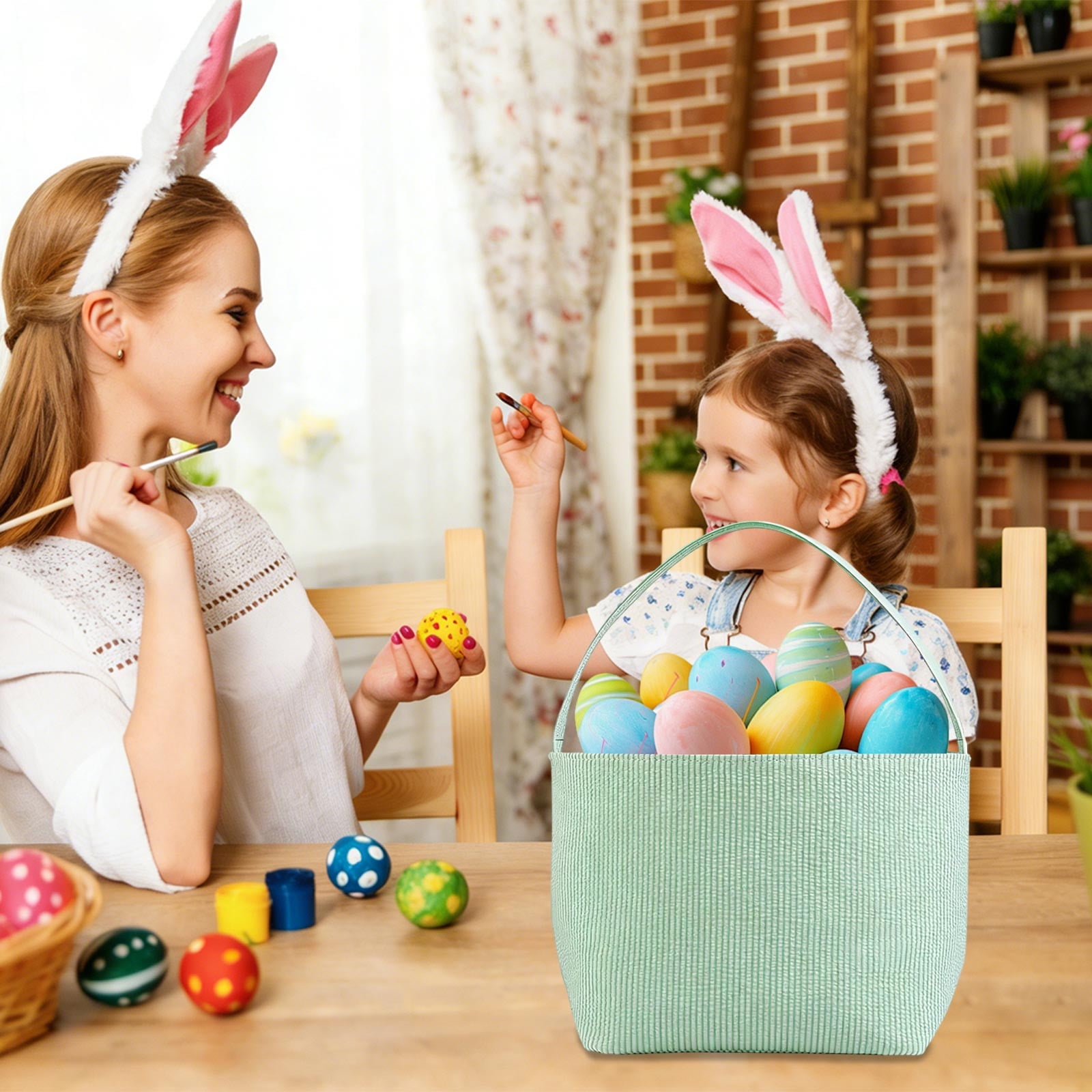 1 PC Canvas Easter Egg Hunting Basket, Easter Gift Bag Tote Bucket for ...