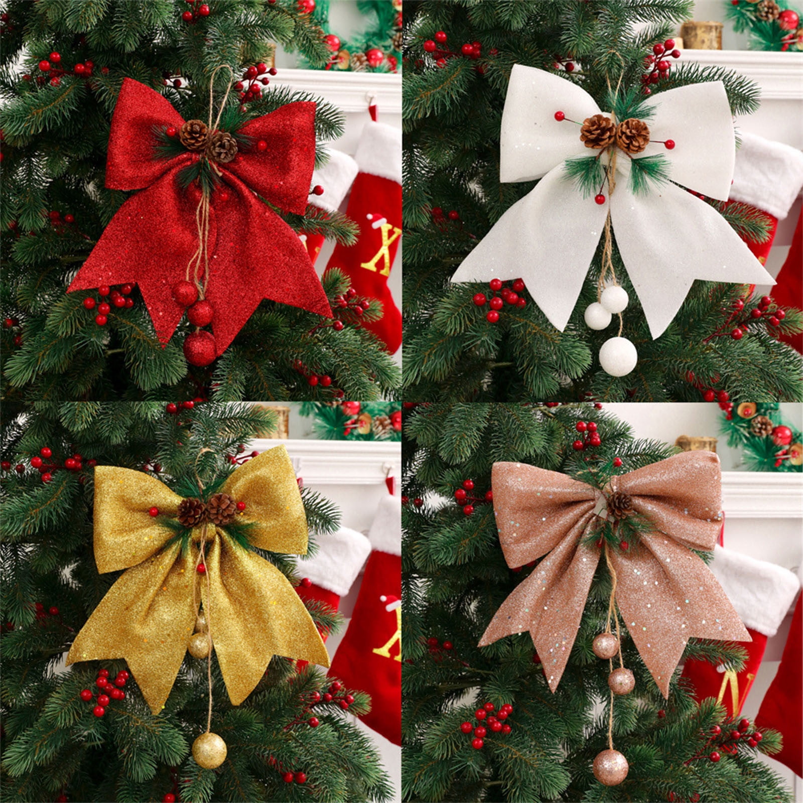 1 PC Christmas Bow Hanging Ornaments, 9.8"*9.8" Glitter Wreath Bow with ...