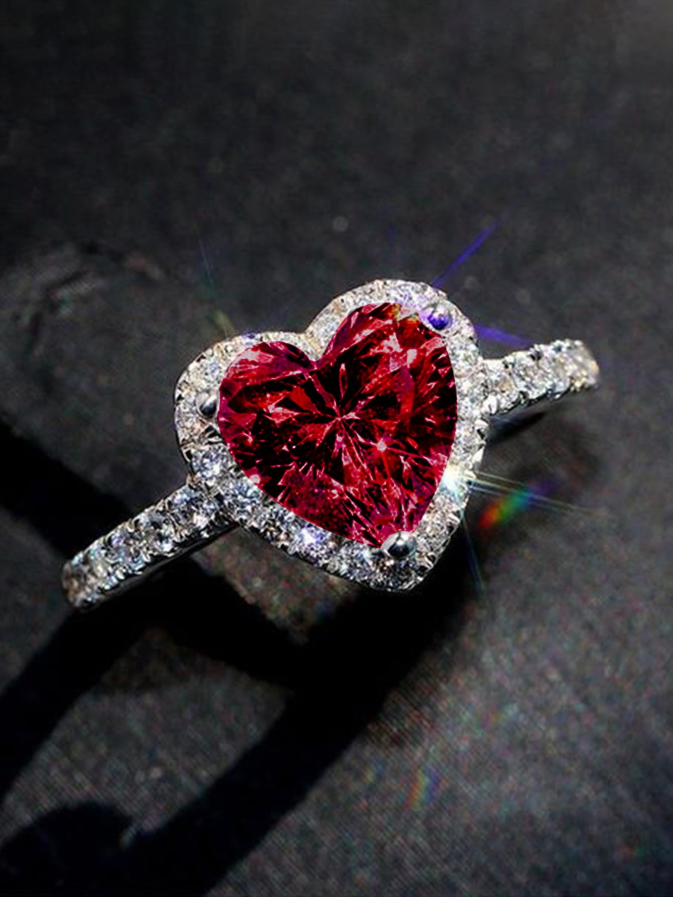 1 PC Romantic Red Heart Cubic Zirconia Ring For Women For Valentine's ...
