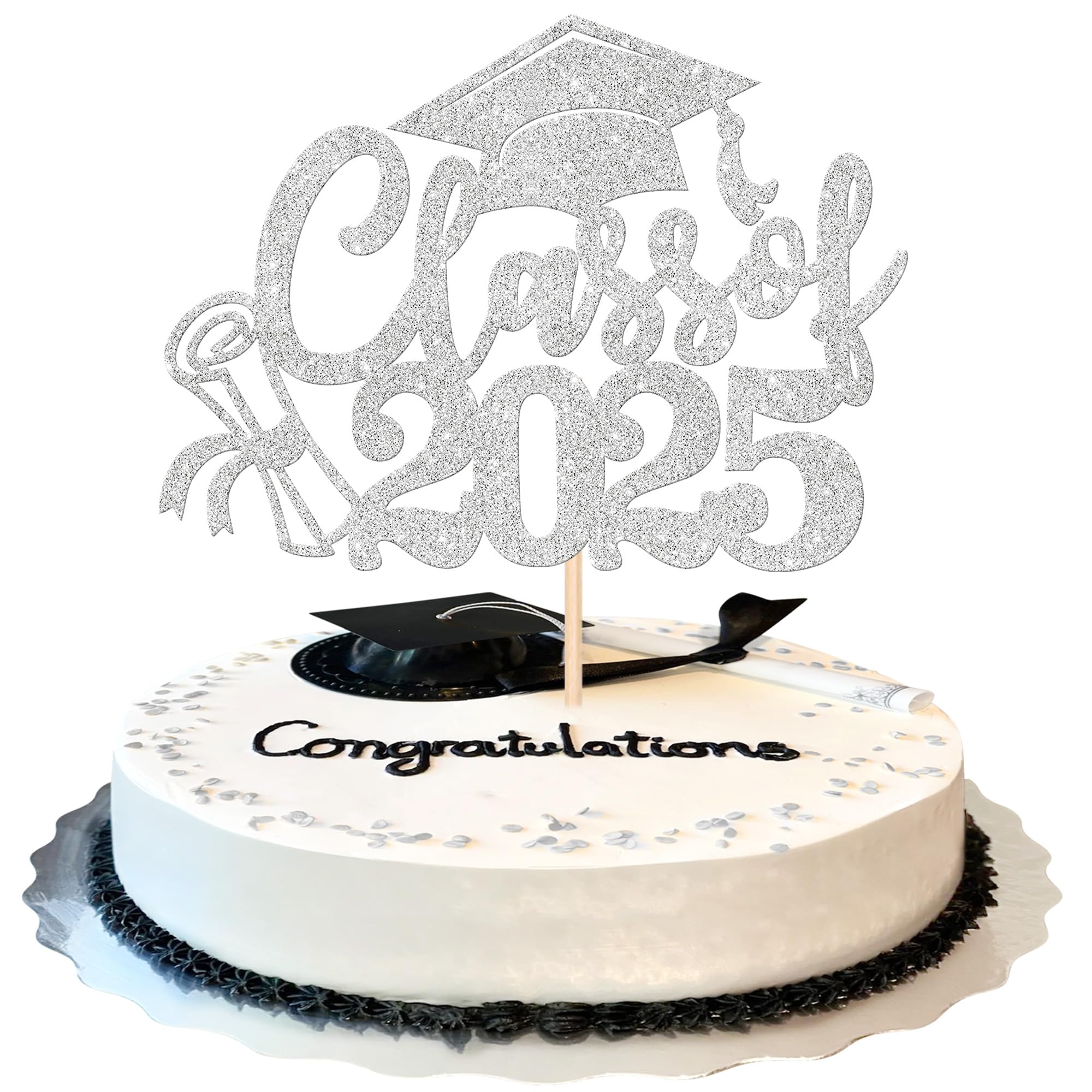 1 PCS Class of 2025 Cake TVS1 Topper Silver Glitter Congrats Grad Cap ...