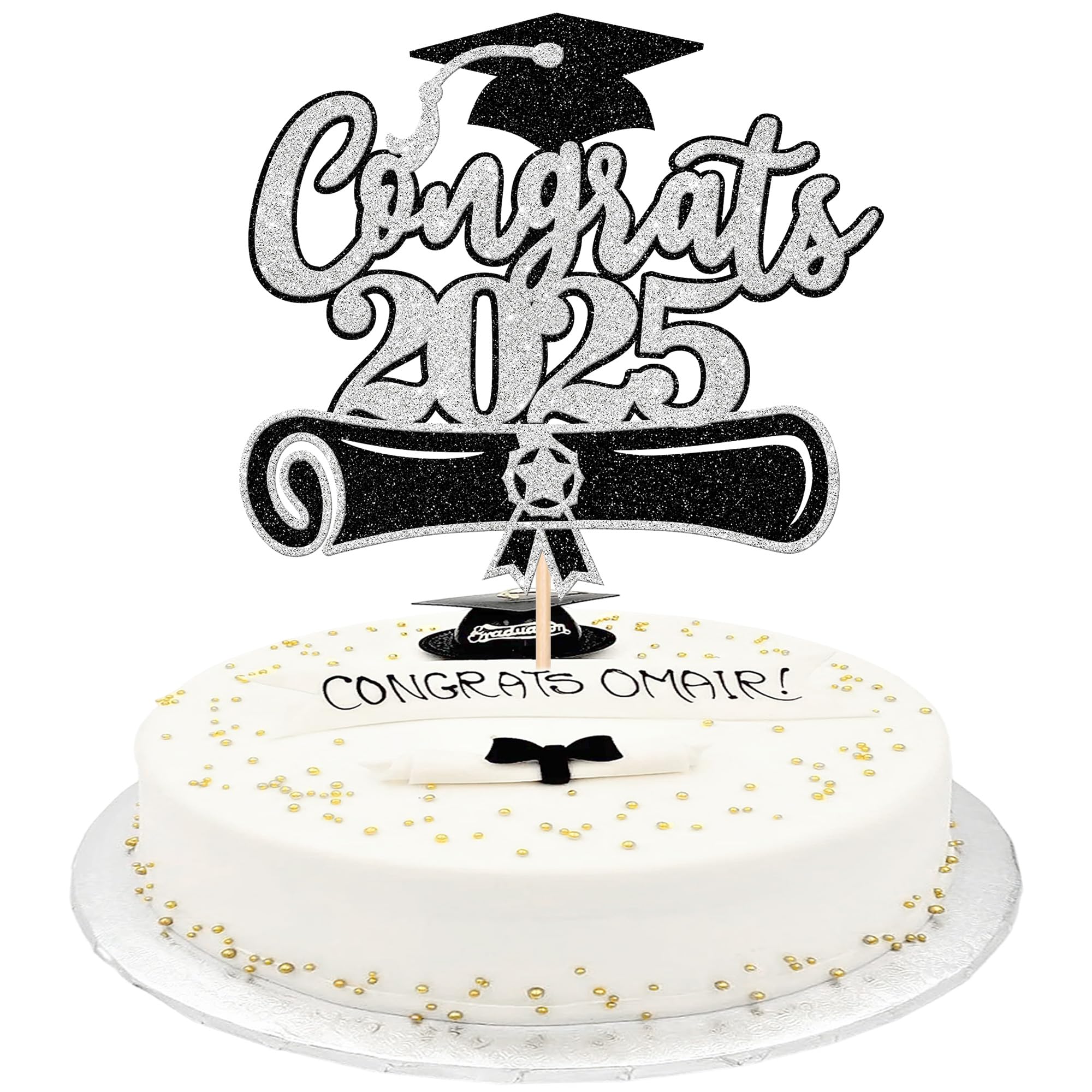 1 PCS Congrats 2025 Cake Topper ITL1 Black Silver Glitter Diploma Grad ...