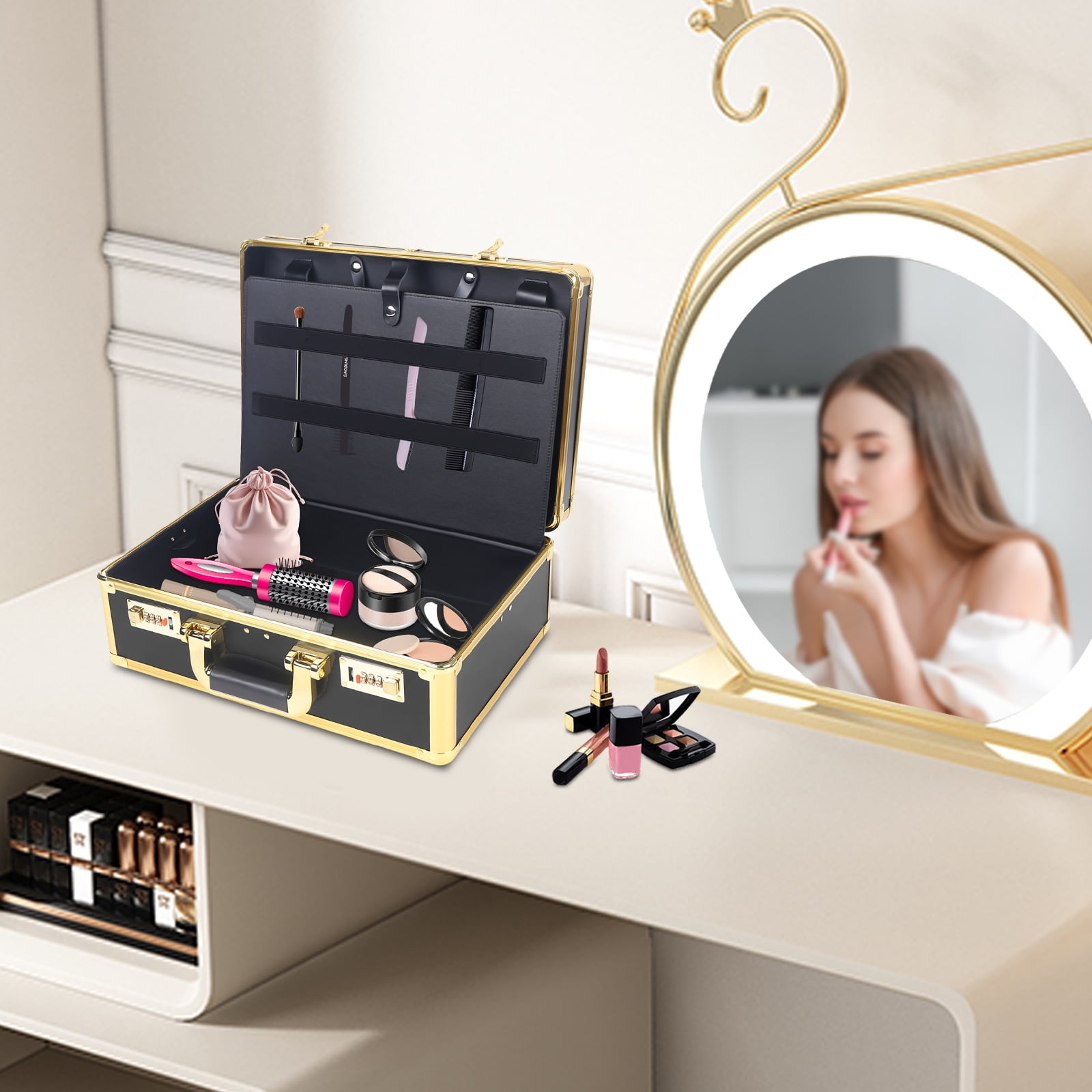 1 PCS Gold Makeup Case, Portable Mobile Barber Station, Hair Stylist ...