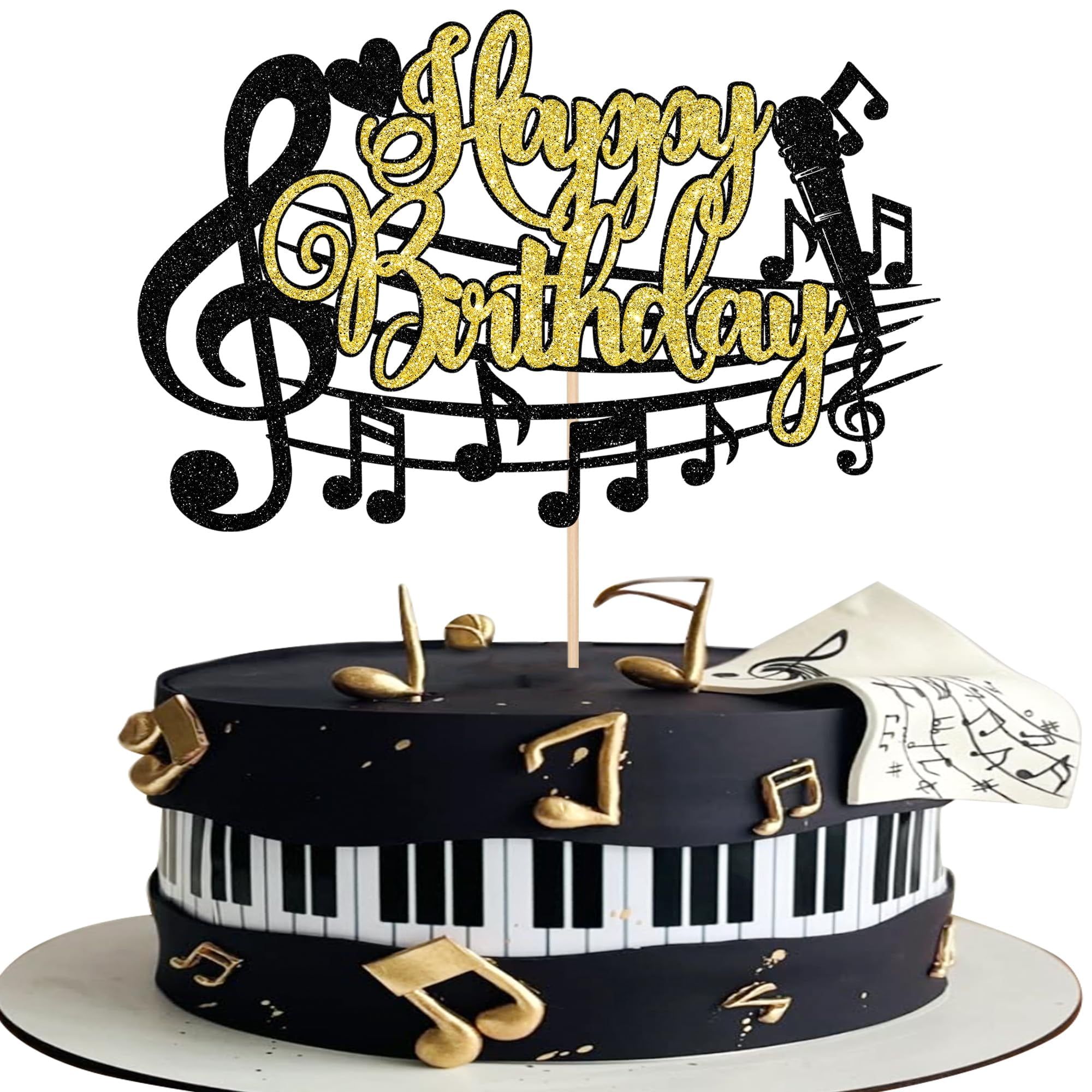 1 PCS Music TWE5 Happy Birthday Cake Topper Black Gold Glitter Musical ...