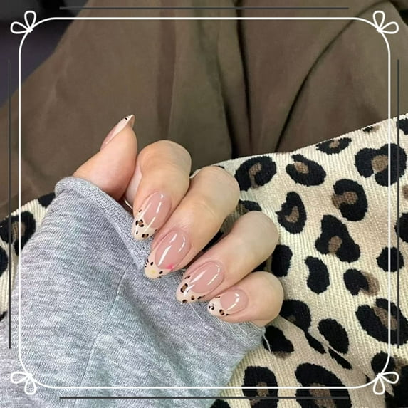 1 PCS S Size Handmade Long French Tip Fake Nails Girly Leopard Print ...