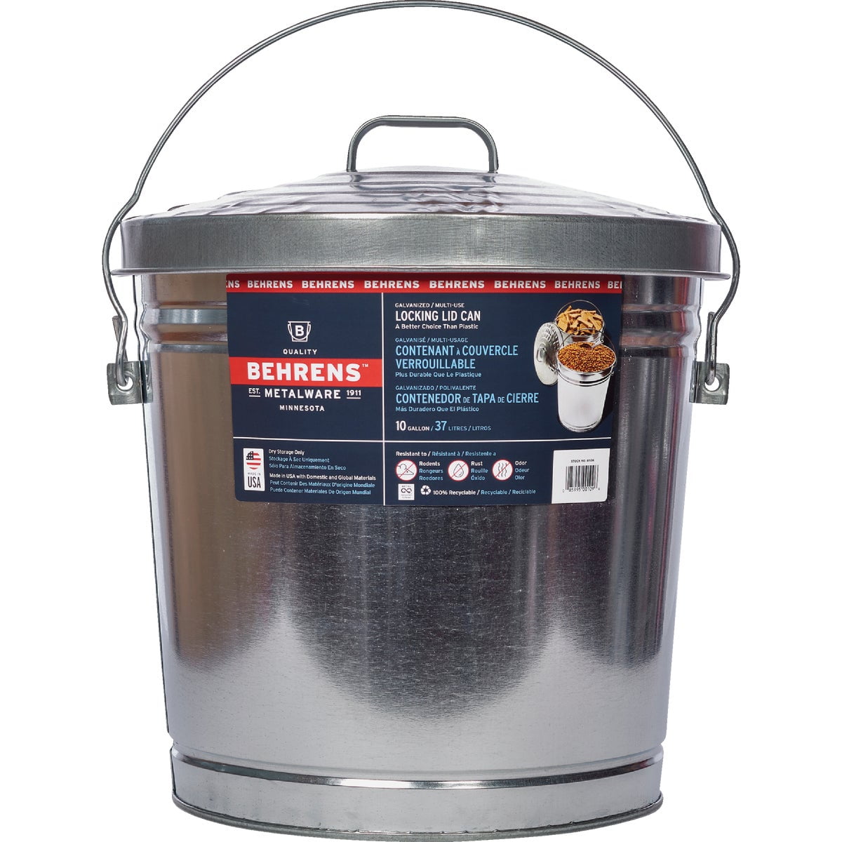 Behrens 10 Gal Galvanized Steel Trash Can, Locking Lid, Durable ...