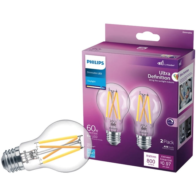1 Pack - Philips Ultra Def A19 LED Bulb, Clear, 60W Daylight, Dimmable ...