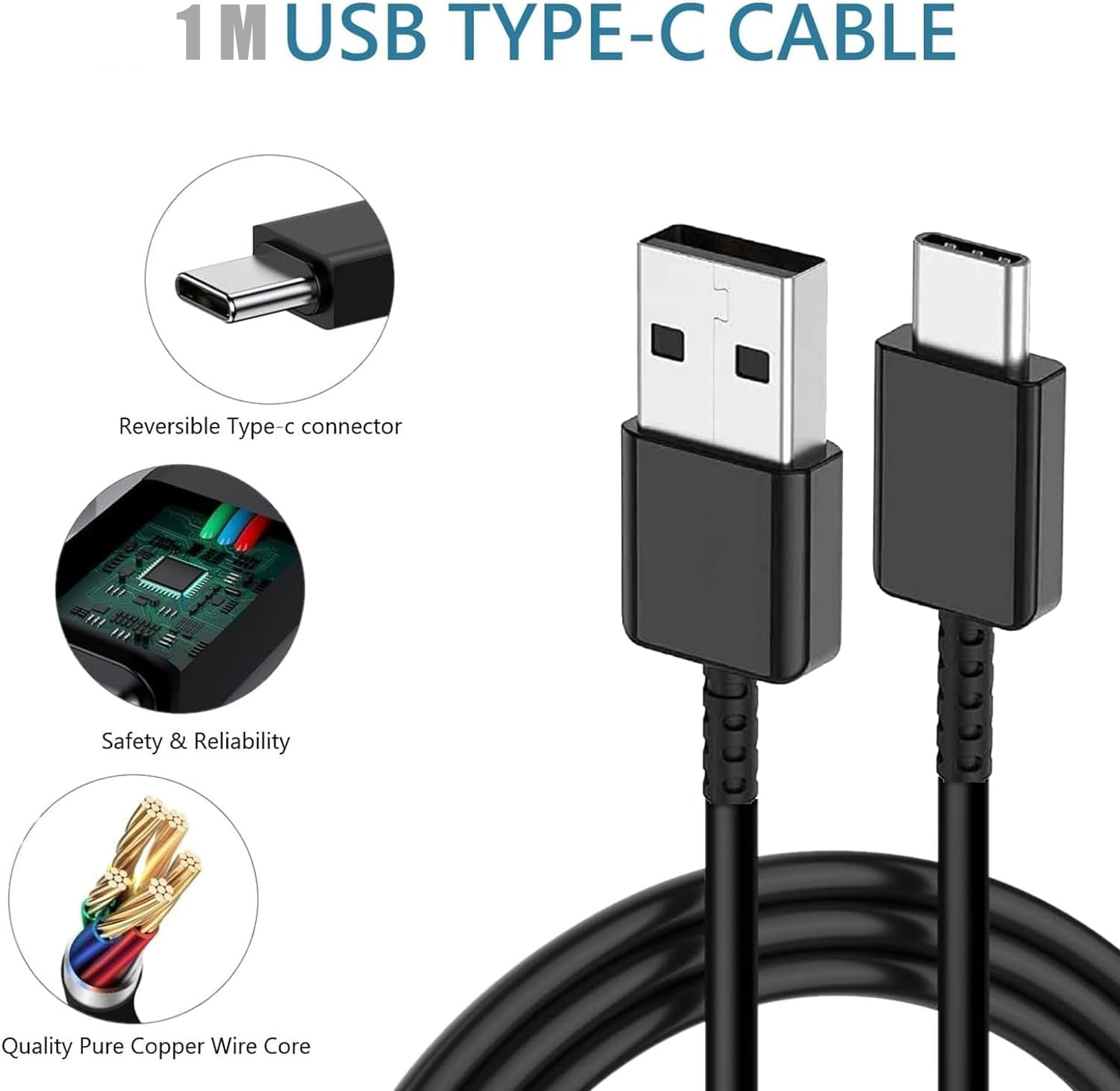1 Pack 1 Meter USB-C to USB-A Fast Charger Charging Cable Cord ...