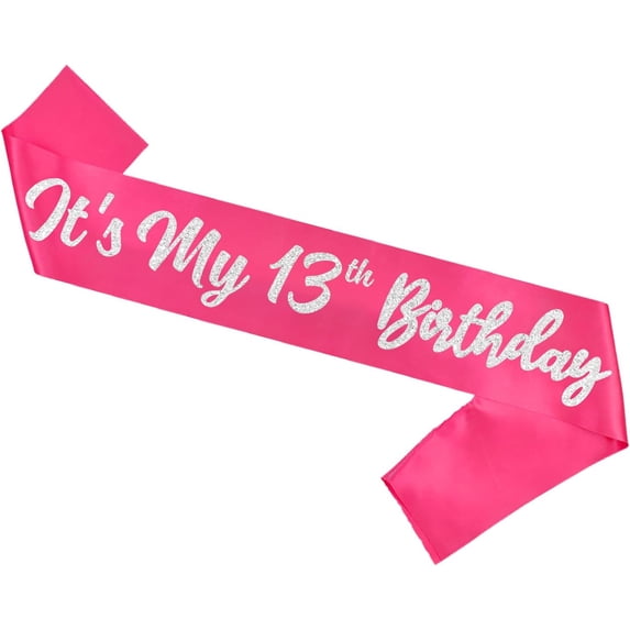1 Pack 13th Birthday Sash, Hot Pink Satin with Silver Glitter Lettering ...