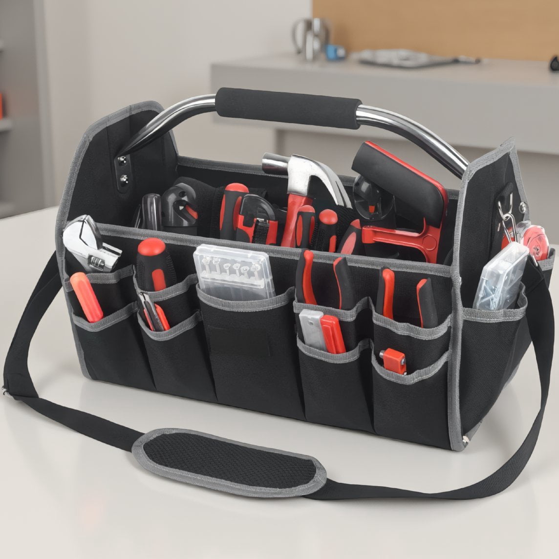 1-Pack 16 Inch Open Top Tool Bag, 26-Pocket Electrician Tool Bag with ...