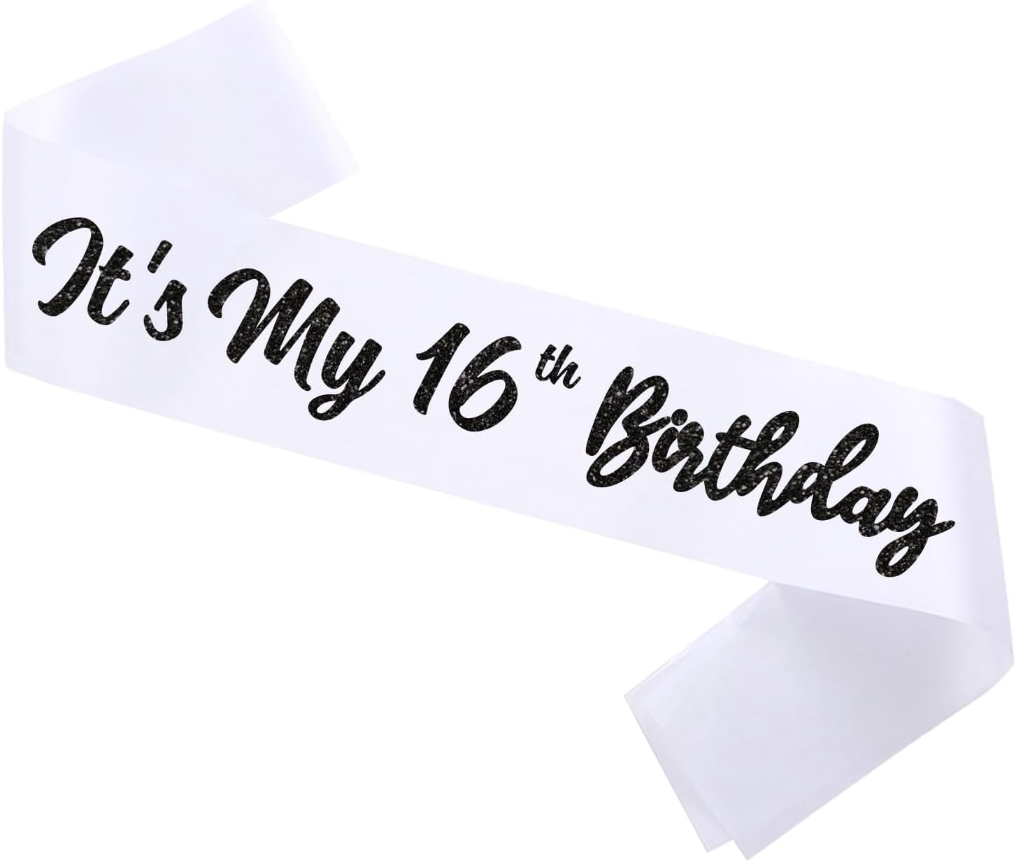 1 Pack 16th Birthday Sash, White Satin with Black Glitter "It's My 16th ...