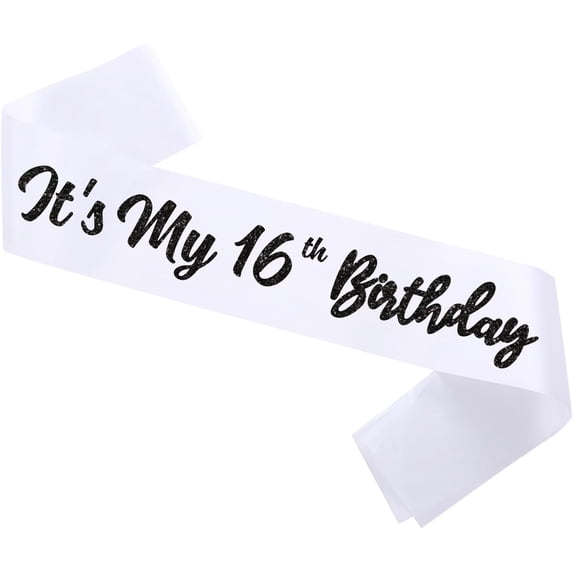 1 Pack 16th Birthday Sash, White Satin with Black Glitter "It's My 16th ...