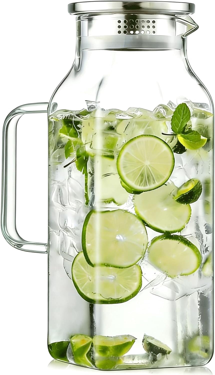 1 Pack 2 Liters/68 oz Square Glass Pitcher with Lid and Handle, Glass ...