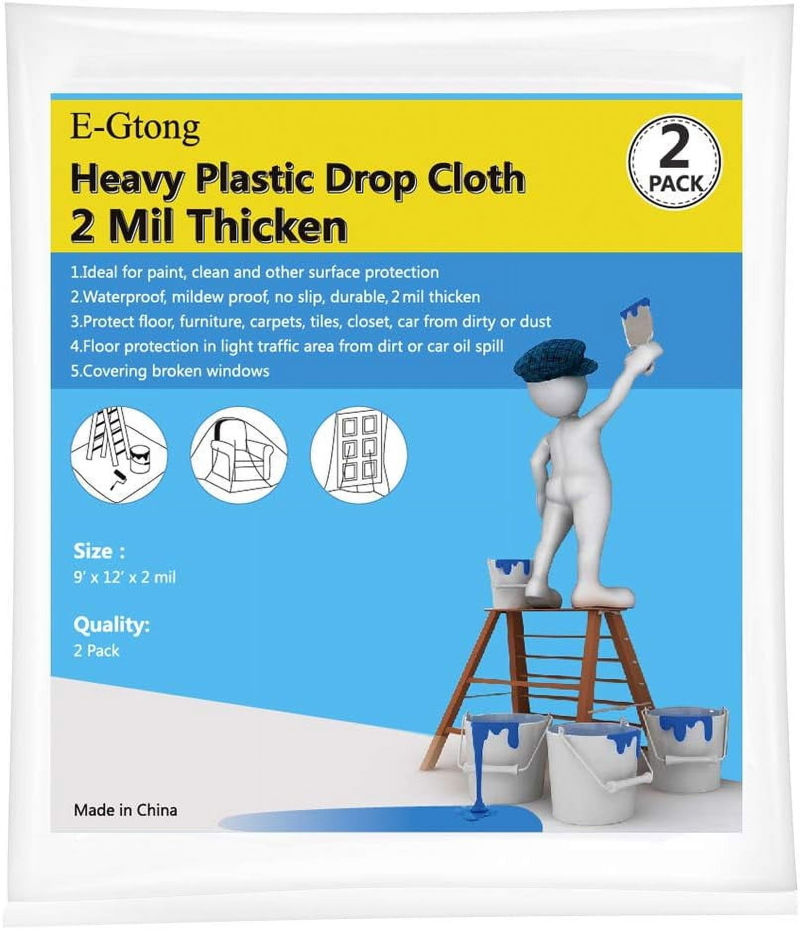 1-Pack 2 Mil Plastic Drop Cloth, 9-Feet by 12-Feet Heavy Duty Plastic ...