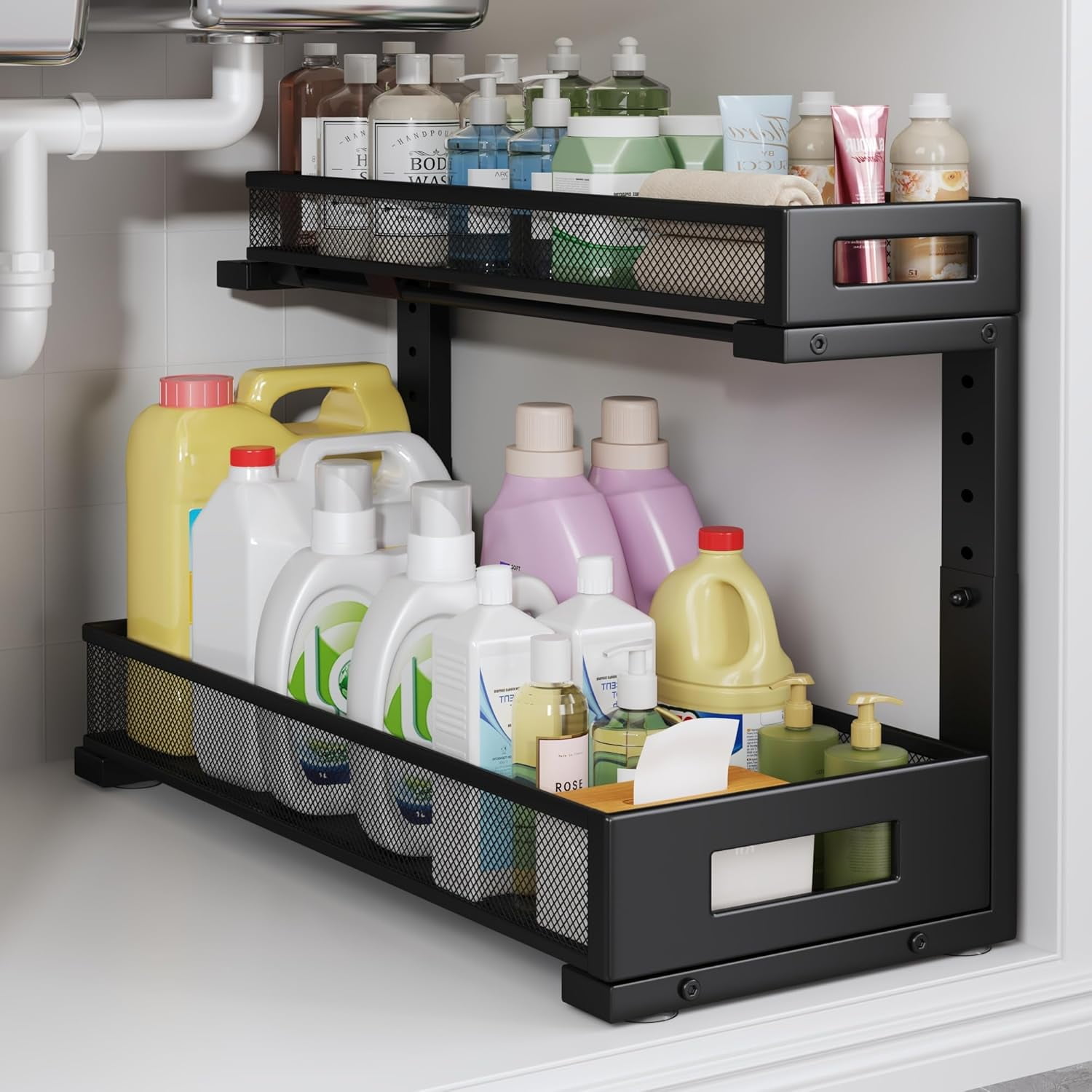 1 Pack 20.47IN Depth Under Sink Storage Organizer, Large 2-Tier Elegant ...