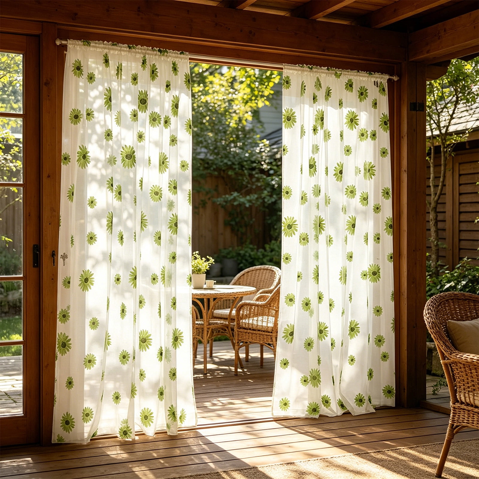 1 Pack 39x79 Inch Sunflower Sheer Curtains, Green Polyester Voile ...