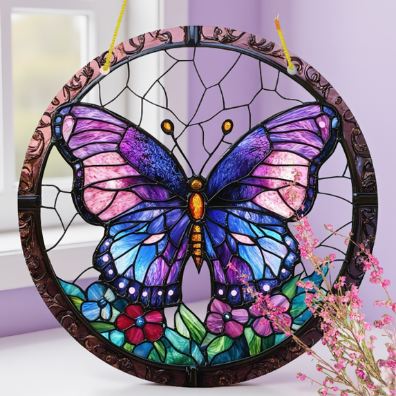 1-Pack 3D Butterfly Floral Sun Catcher Window Decal with Stained Glass ...