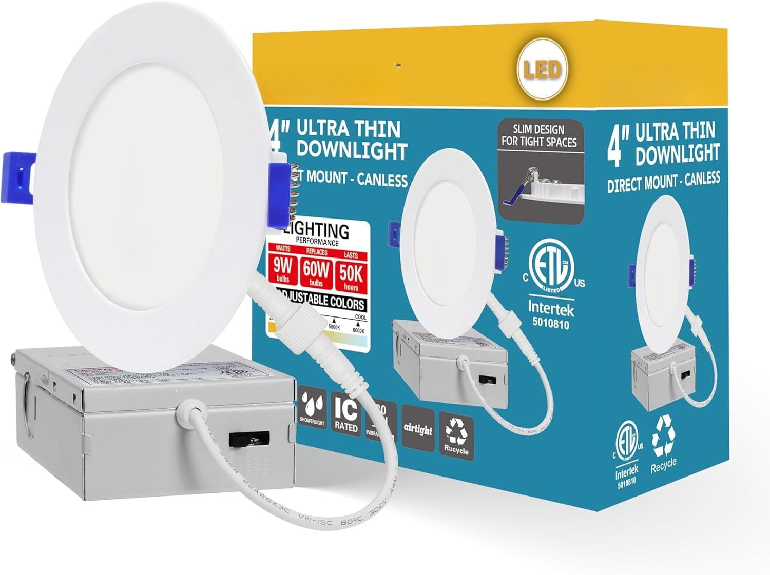 1-Pack of 4-Inch Slim LED Recessed Lights with Junction Box, Adjustable ...