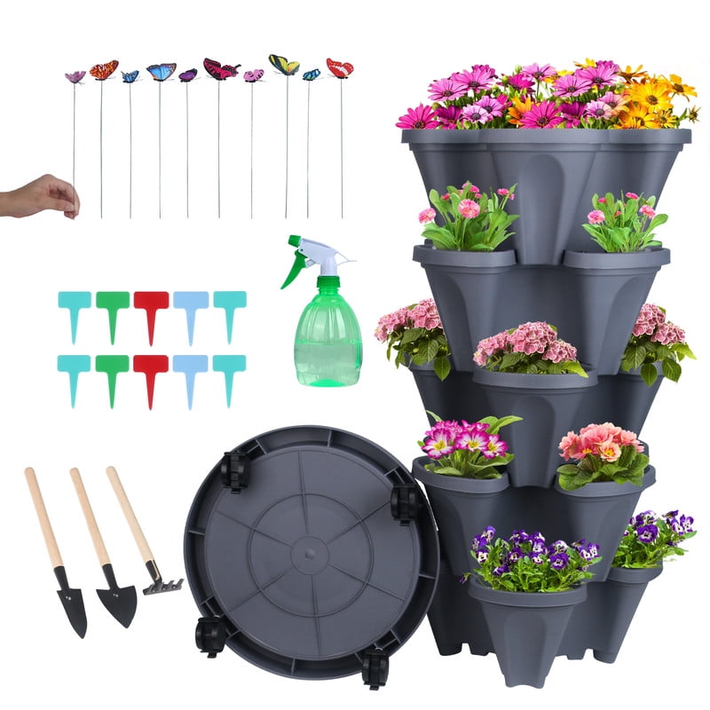 1 Pack 5-Tier Stackable Vertical Planter Tower with Wheels & Tools ...