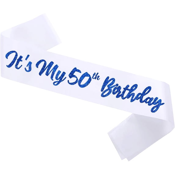 1 Pack 50th Birthday Sash, White Satin with Blue Glitter "It's My 50th ...