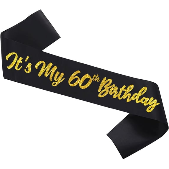1 Pack 60th Birthday Sash, Black Satin with Gold Glitter Lettering ...