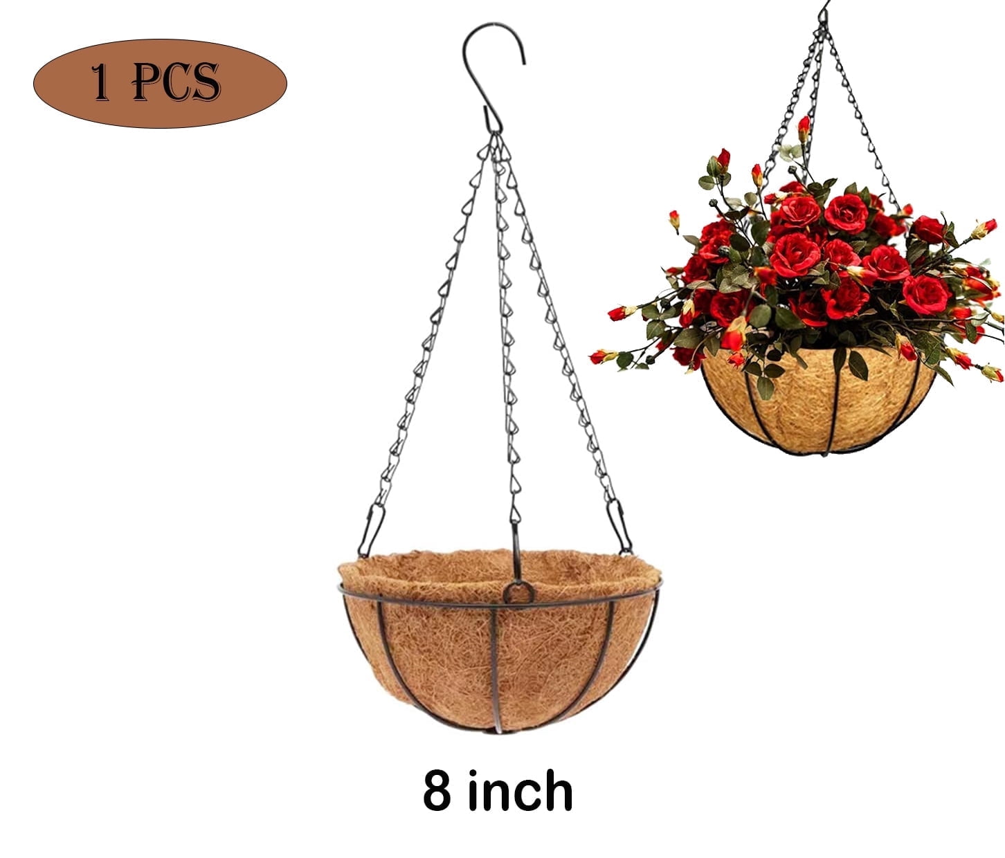 1 Pack 8 Inches Metal Hanging Planter Basket with Coco Fiber Liner ...
