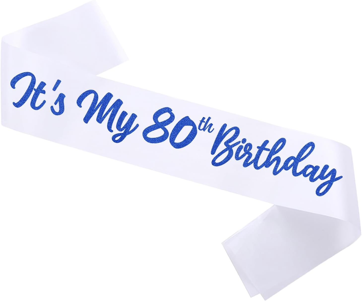 1 Pack 80th Birthday Sash, White Satin with Blue Glitter "It's My 80th ...