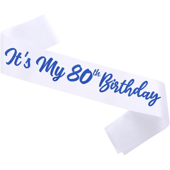 1 Pack 80th Birthday Sash, White Satin with Blue Glitter "It's My 80th ...