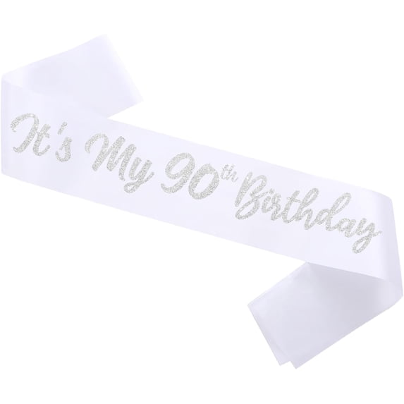 1 Pack 90th Birthday Sash, White Satin with Silver Glitter "It's My ...