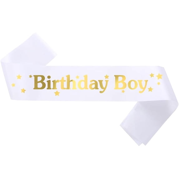 1 Pack Birthday Boy Sash, White Satin with Gold Foil Lettering & Star ...