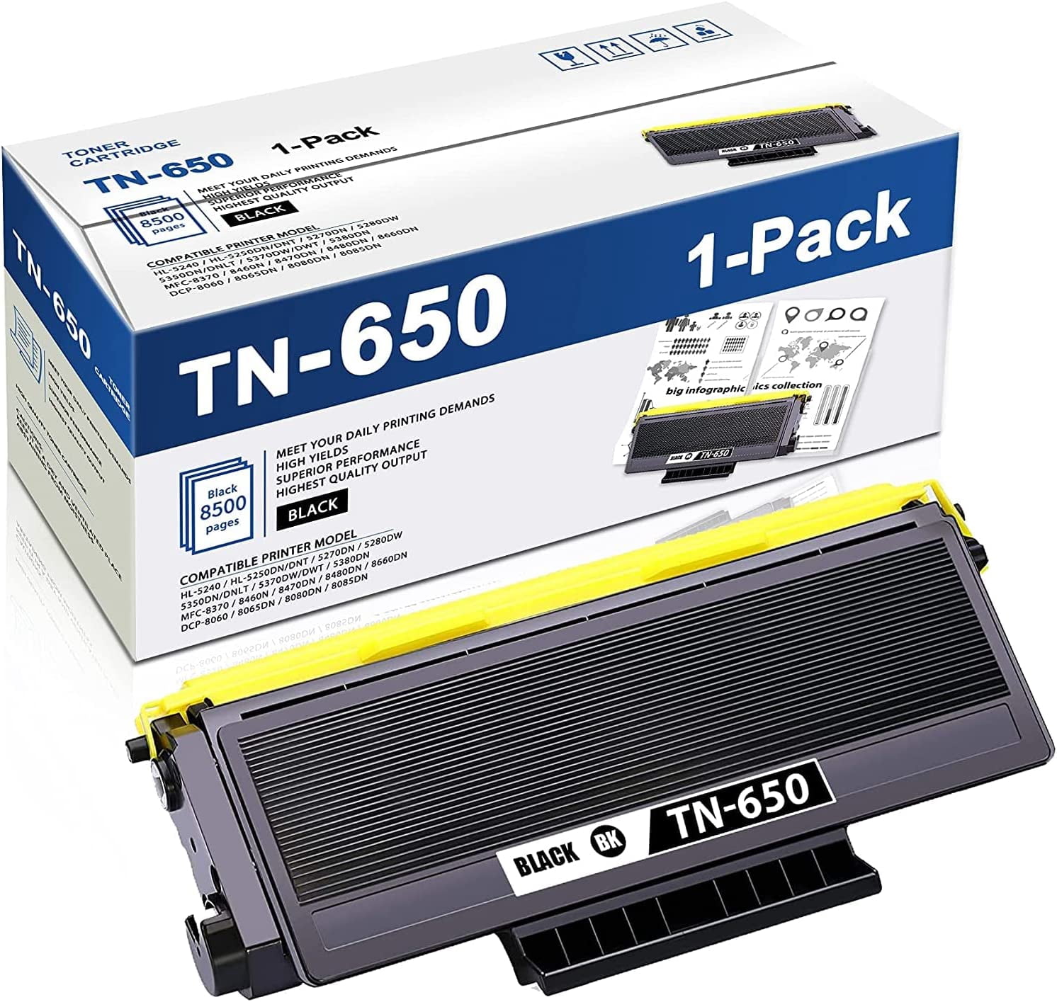 1 Pack Black Compatible TN-650 TN550 TN-550 TN-580 TN580 TN620 TN-620 ...