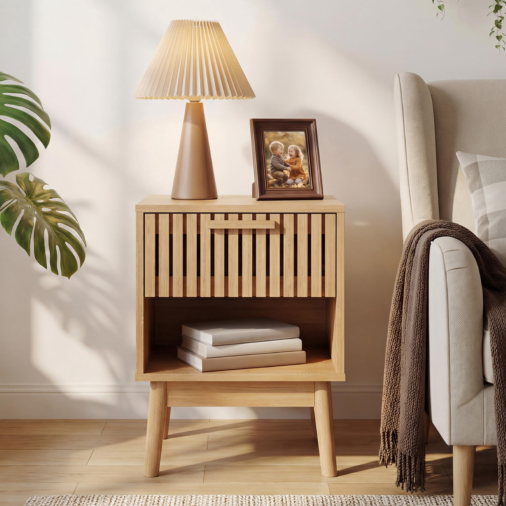 1 Pack Boho Nightstand with Drawer, Modern Compact Wood Side Table with ...