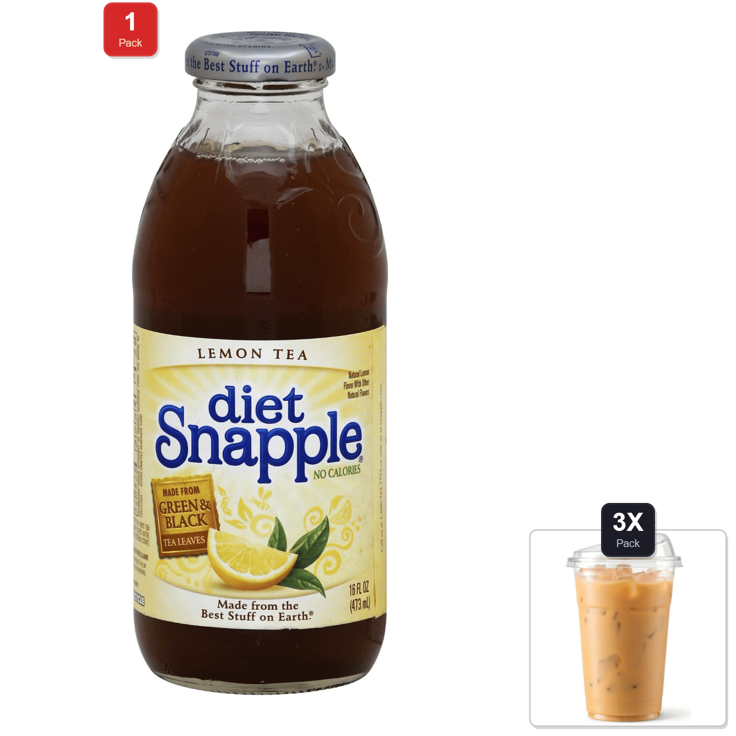 1 Pack | Diet Snapple Iced Tea, Lemon, 16 Fl Oz & 3x 16oz Plastic Cup ...
