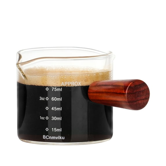 BCnmviku 1 Pack 75ML Double Spouts Measuring Triple Pitcher Milk Cup with Wood Handle Espresso ...