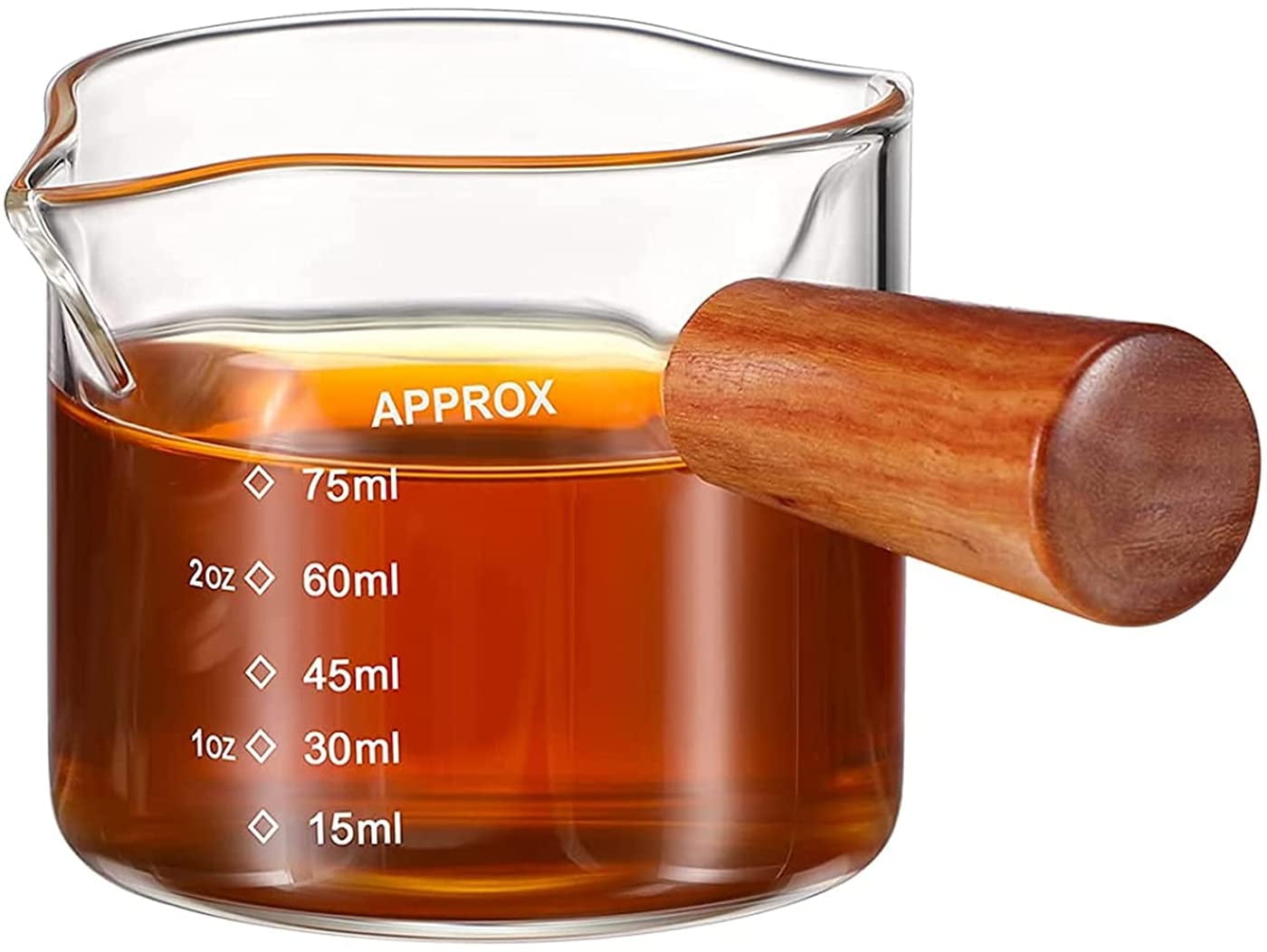 1 Pack Double Spouts Measuring Triple Pitcher Milk Cup with Wood Handle 75ML Espresso Shot ...