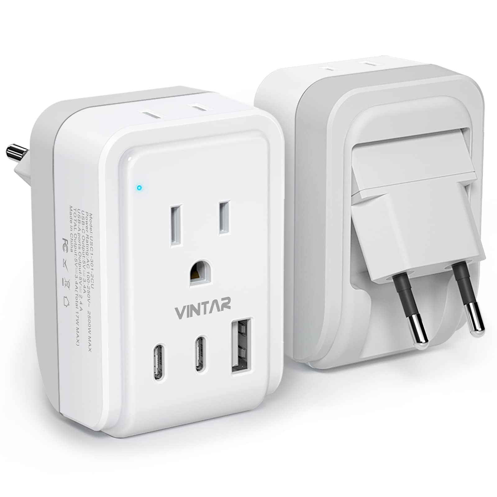 Vintar European Travel Plug Adapter, 2 AC Outlets, 3 USB Ports, Type C ...