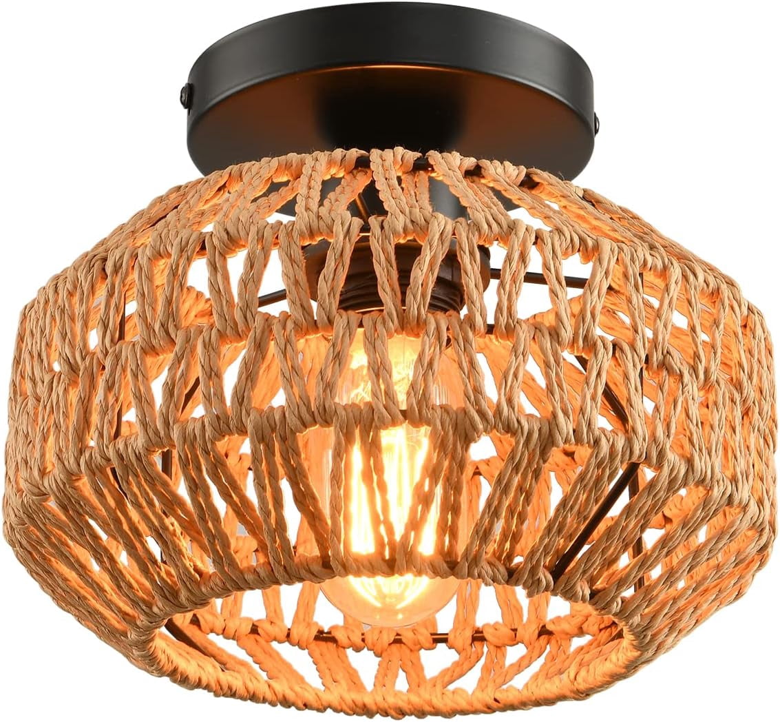 1 Pack Farmhouse Light Fixtures Ceiling Mount,Mini Rattan Boho Semi ...