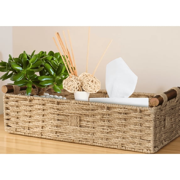 1 Pack Handwoven Paper Rope Storage Basket with Handle, Round Organizer ...