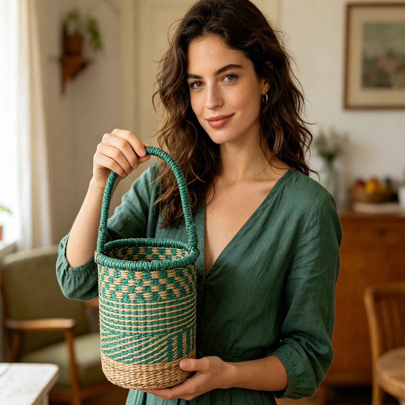1 Pack Handwoven Seagrass Storage Basket with Handle, Large Decorative ...