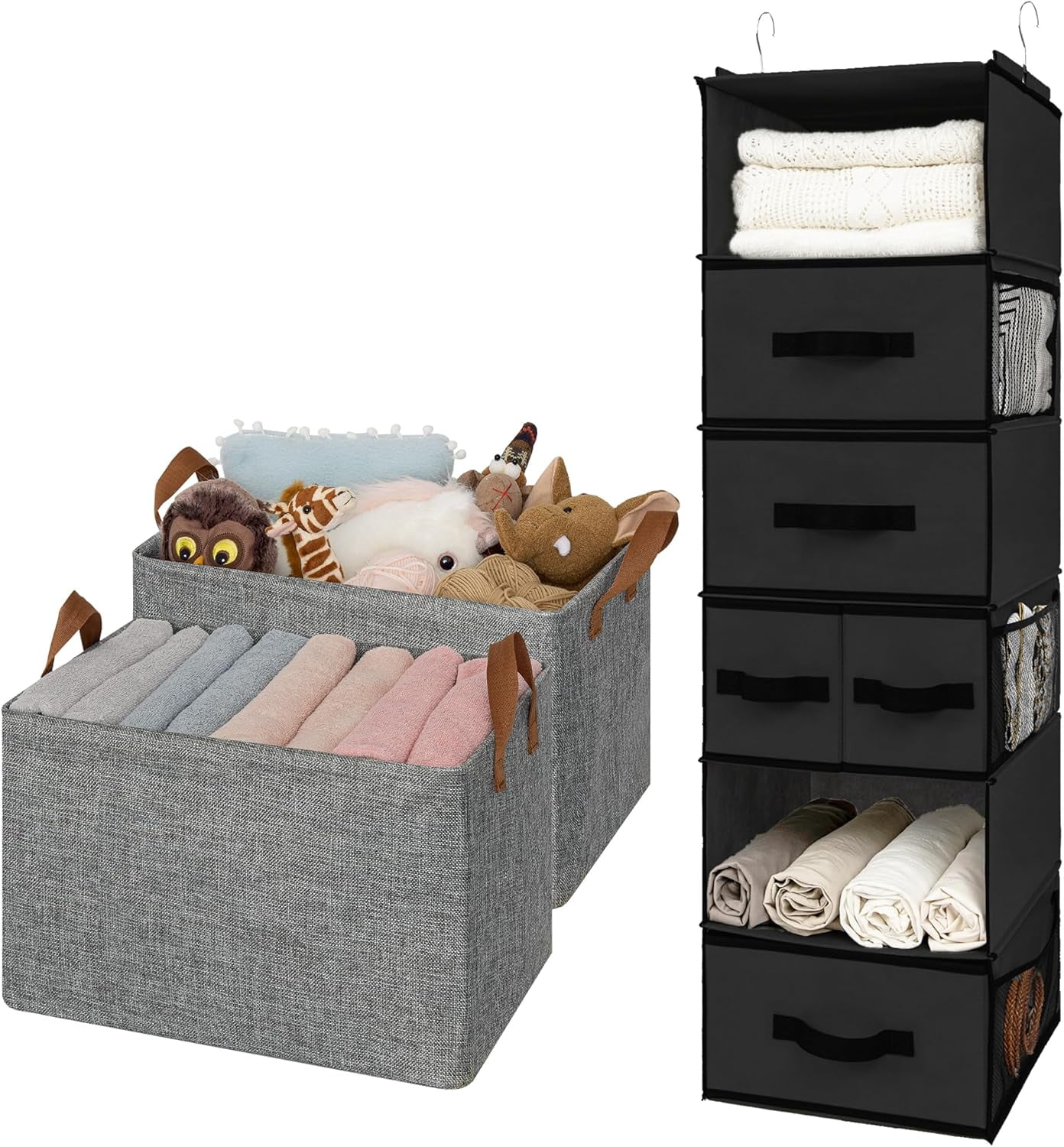 1-Pack Hanging Shelf Organizer with 2-Pack Linen Closet Bins Bundle ...