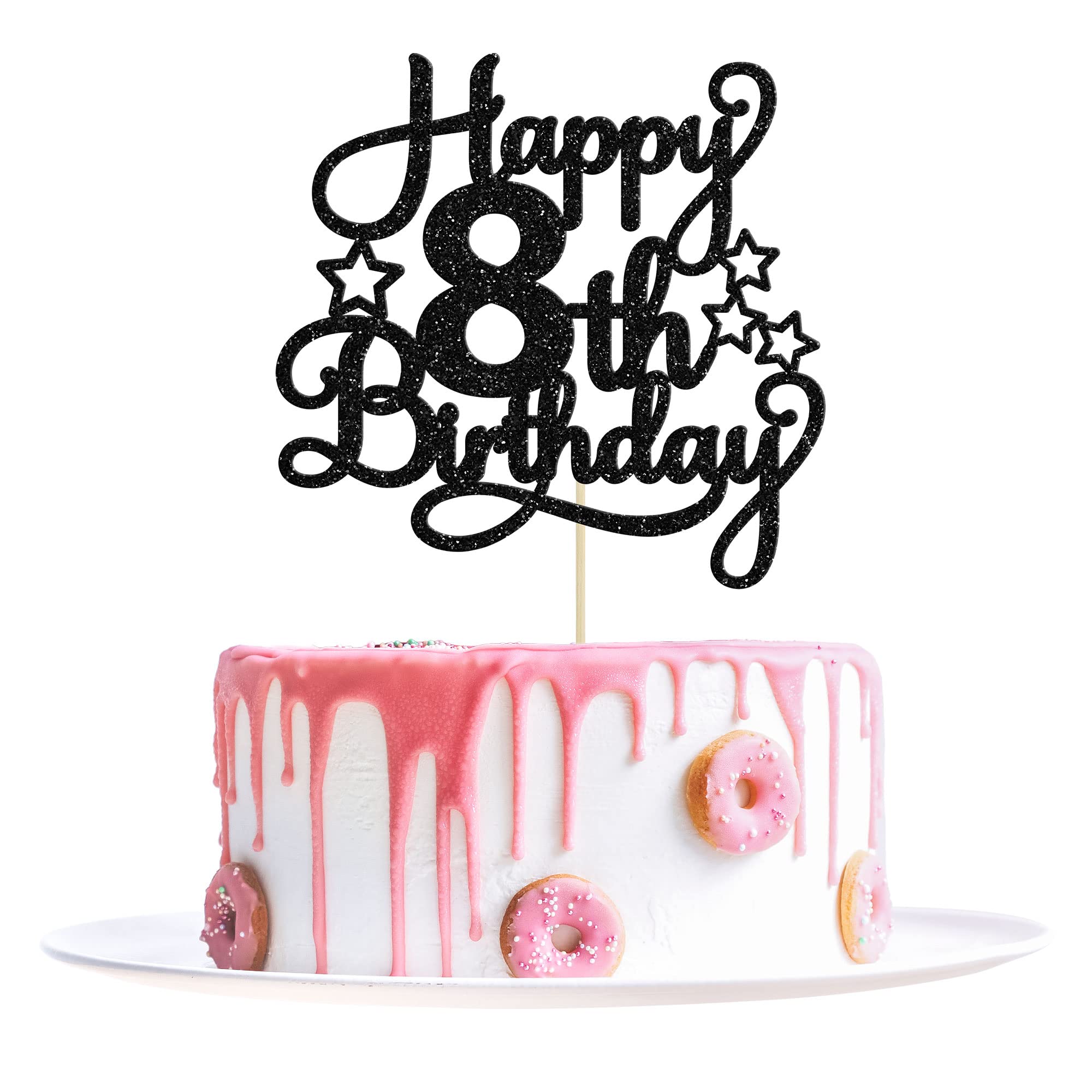 1 Pack Happy 8th Birthday Cake Topper Black Glitter 8th Birthday Cheers ...