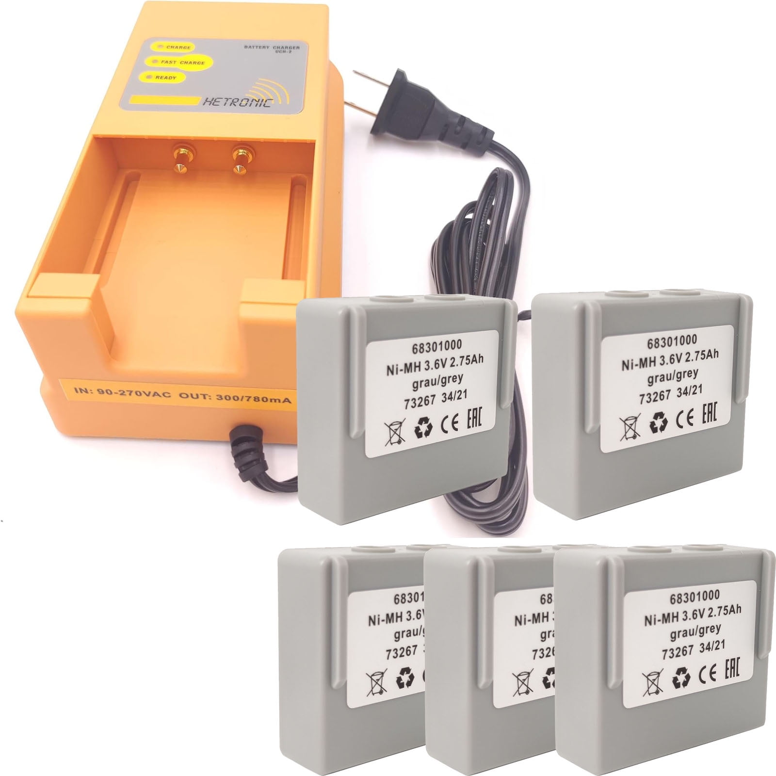 (1 Pack) Hetronic UCH-2 90-270VAC Out 460mA/1.03A Battery Charger with (5 Pack) 3.6V Hetronic ...